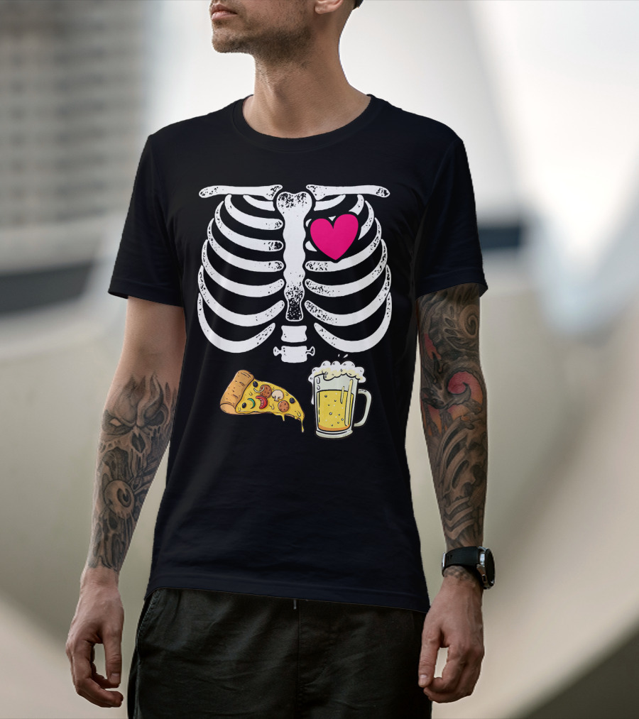 Skeleton Heart Pizza And Beer Xray T-Shirt