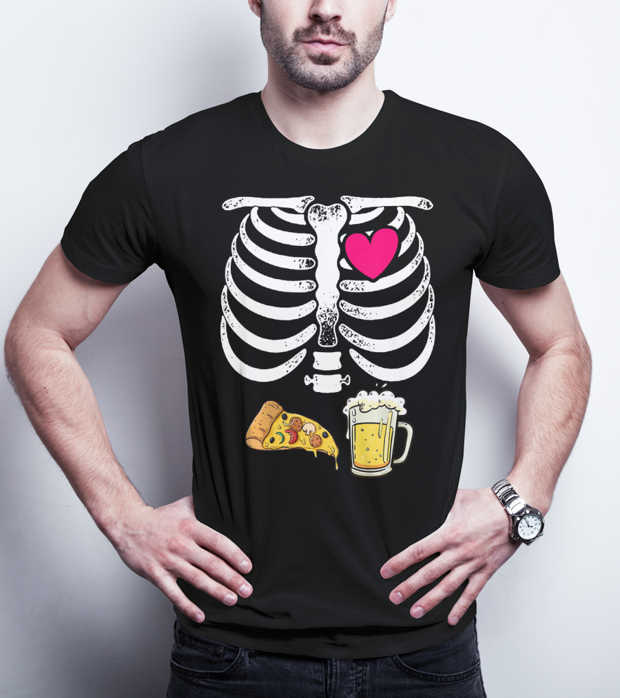 Skeleton Heart Pizza And Beer Xray T-Shirt