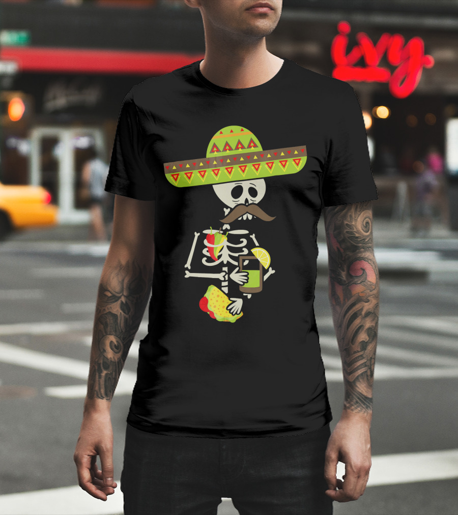 Mexican Skeleton Sombrero Holding Tequila Chili Tacos T-Shirt