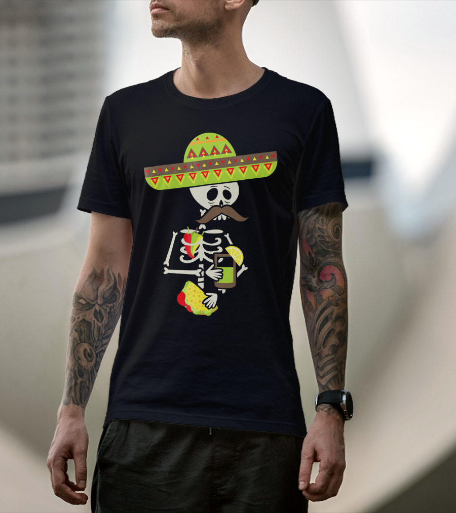 Mexican Skeleton Sombrero Holding Tequila Chili Tacos T-Shirt