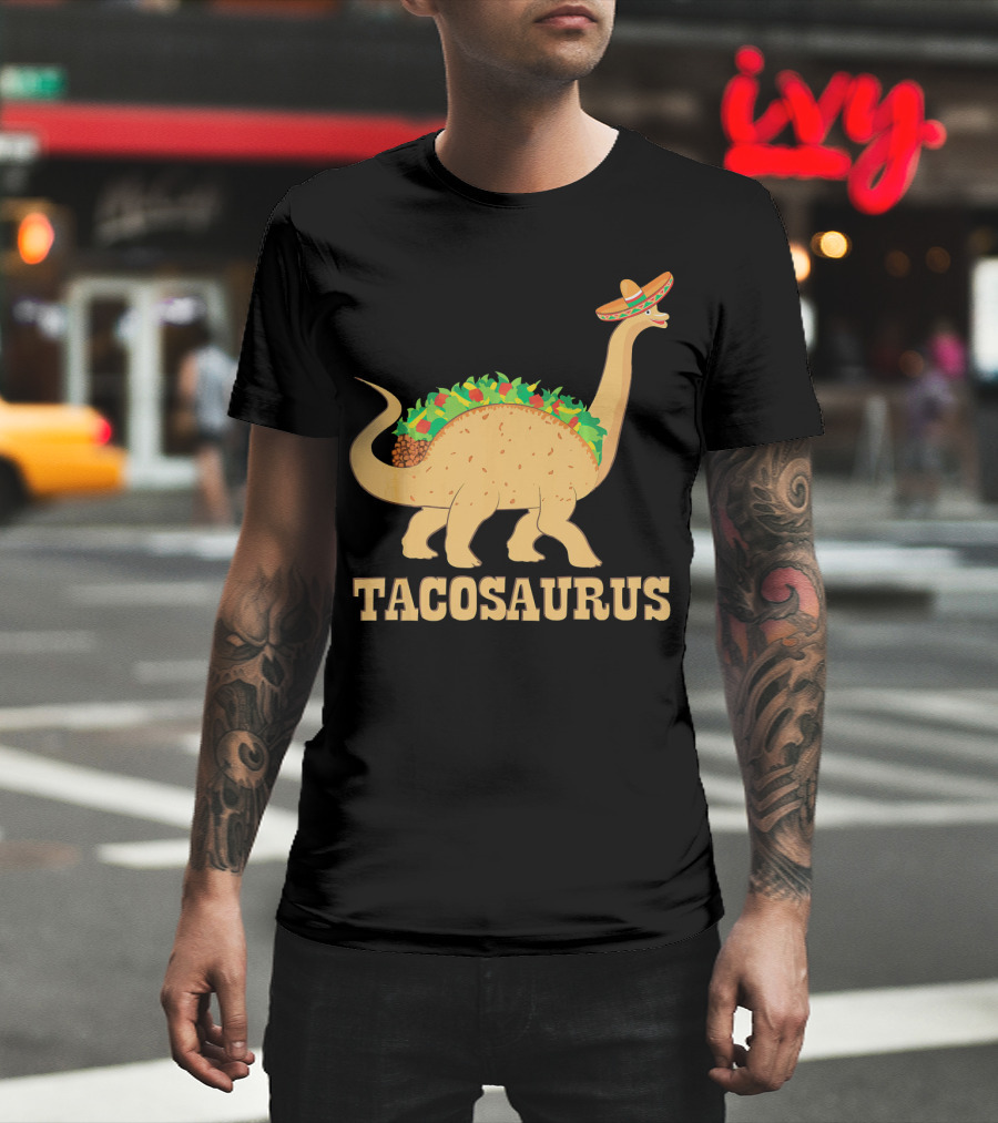 Tacosaurus Sombrero Wearing Dinosaur With Mexican Food Elements T-Shirt
