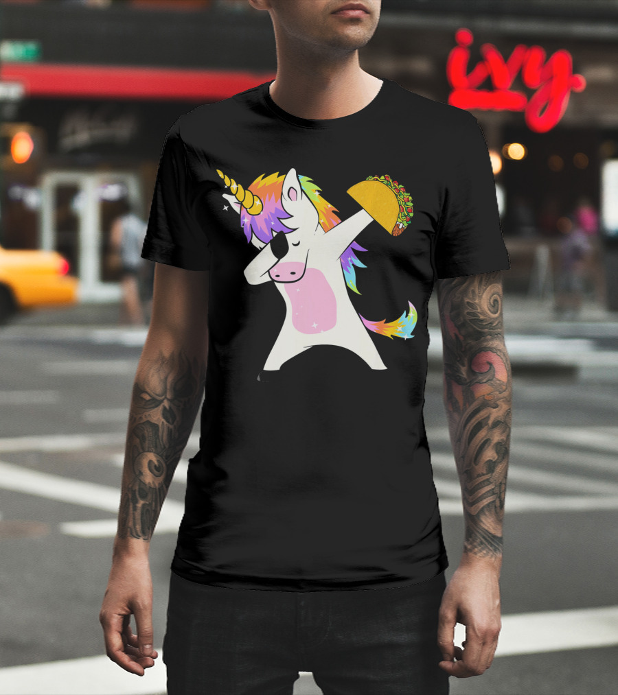 Dabbing Rainbow Unicorn Holding Taco Funny Cinco T-Shirt