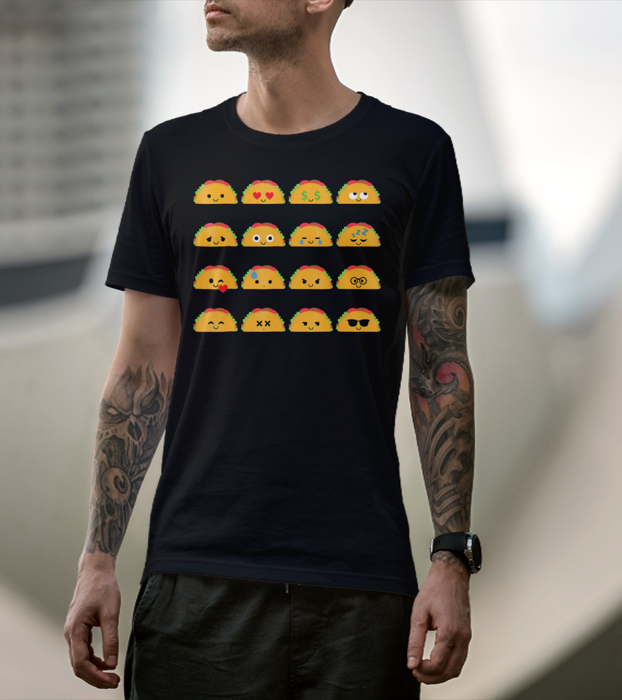 Taco Emoji Faces With Heart Eyes, Money, Glasses, Sunglasses, And Sleepy Expressions T-Shirt