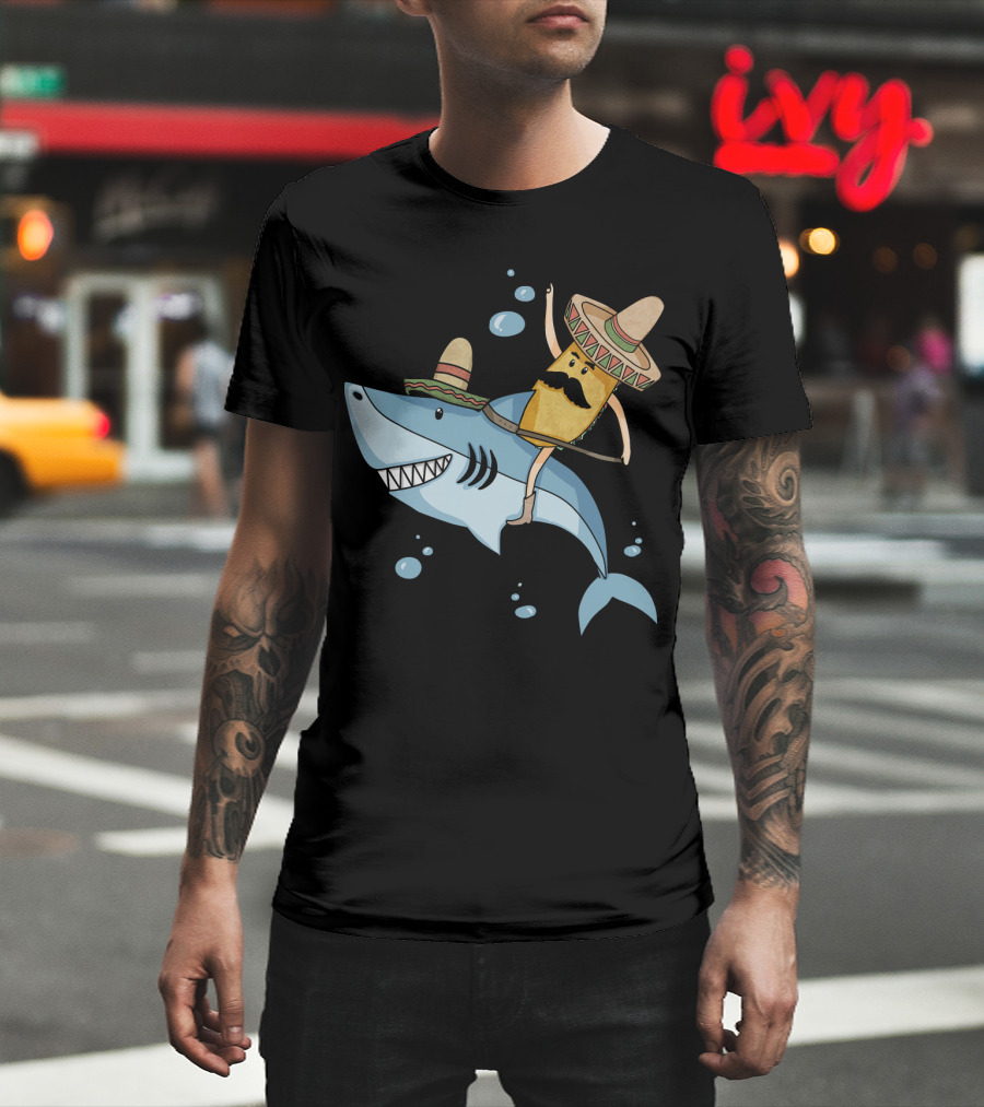 Taco Guy Riding Sombrero Shark Funny Mexican Style Long T-Shirt