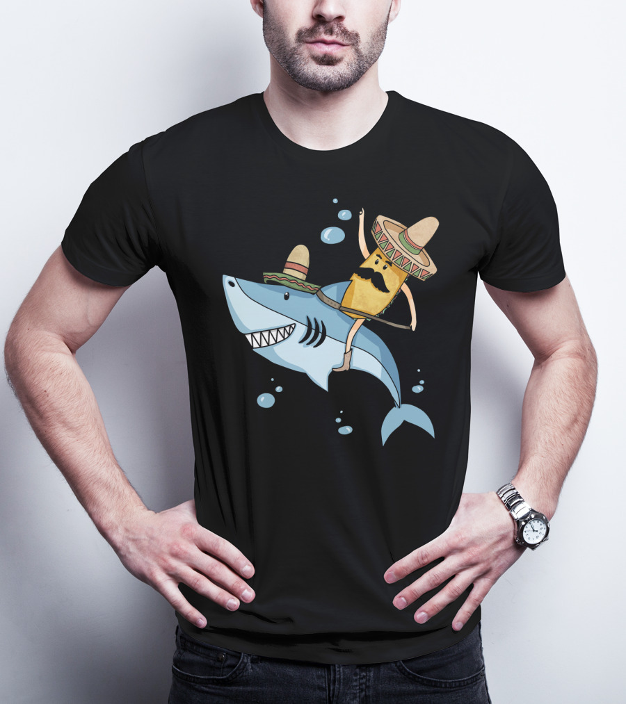 Taco Guy Riding Sombrero Shark Funny Mexican Style Long T-Shirt