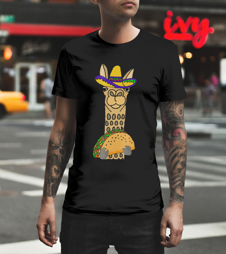 Smilealottees Funny Llama Taco Sombrero T-Shirt