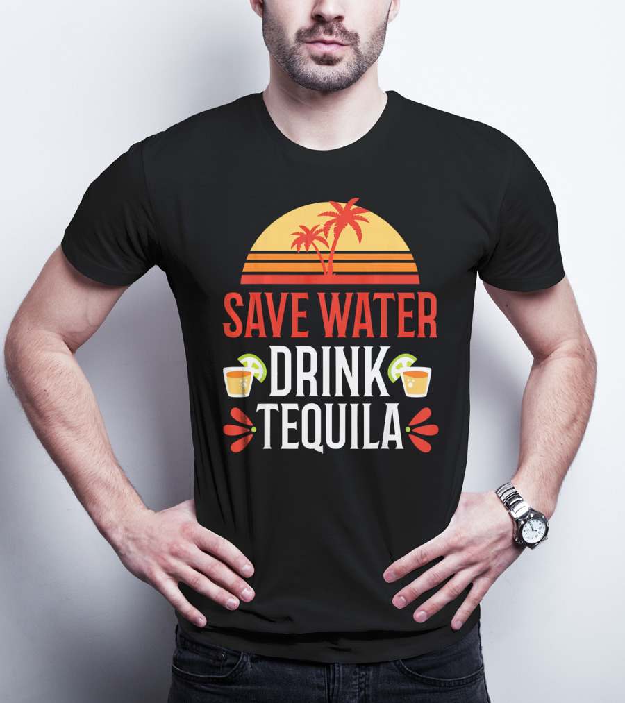 Save Water Drink Tequila Mexican Palm Sunset Lime T-Shirt