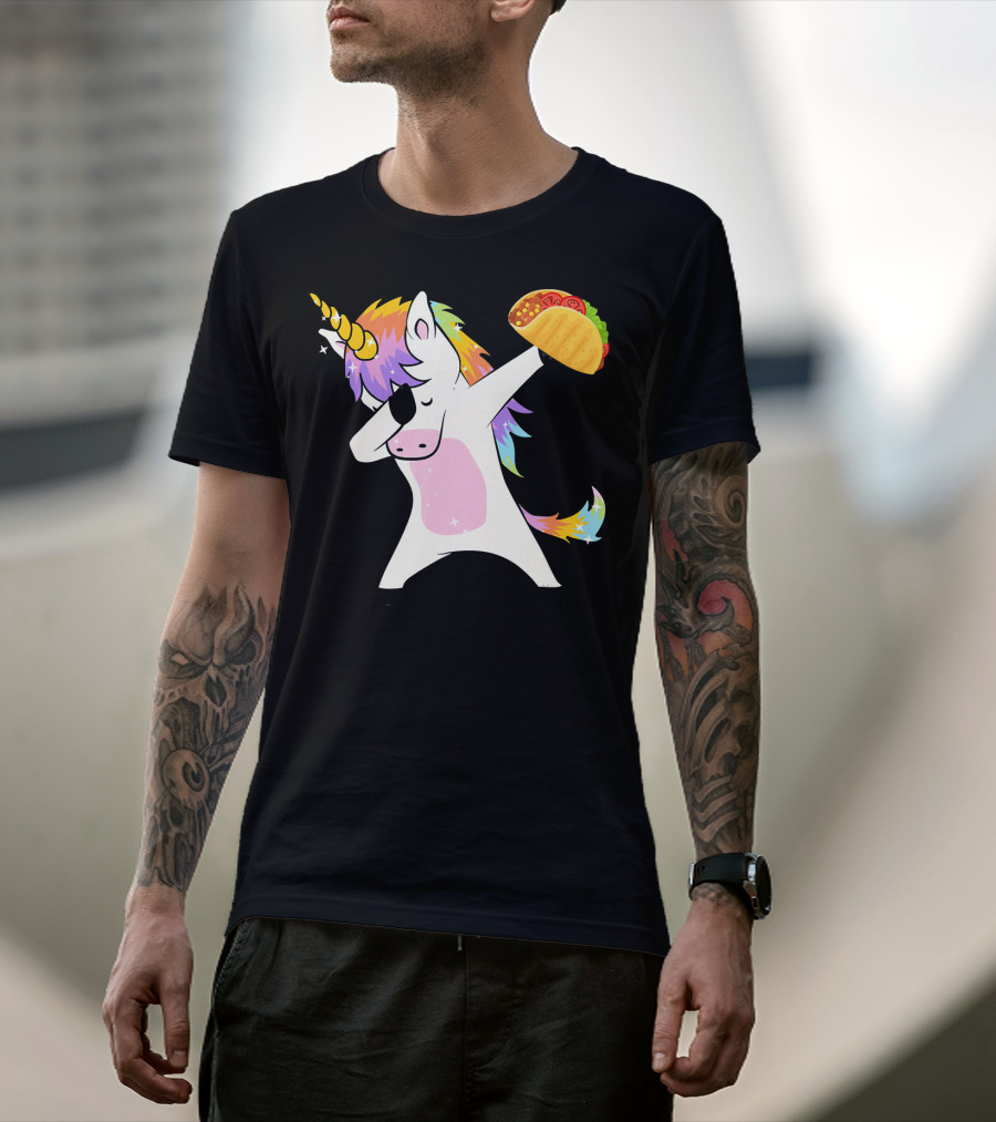 Unicorn Dabbing With Taco And Rainbow Mane T-Shirt