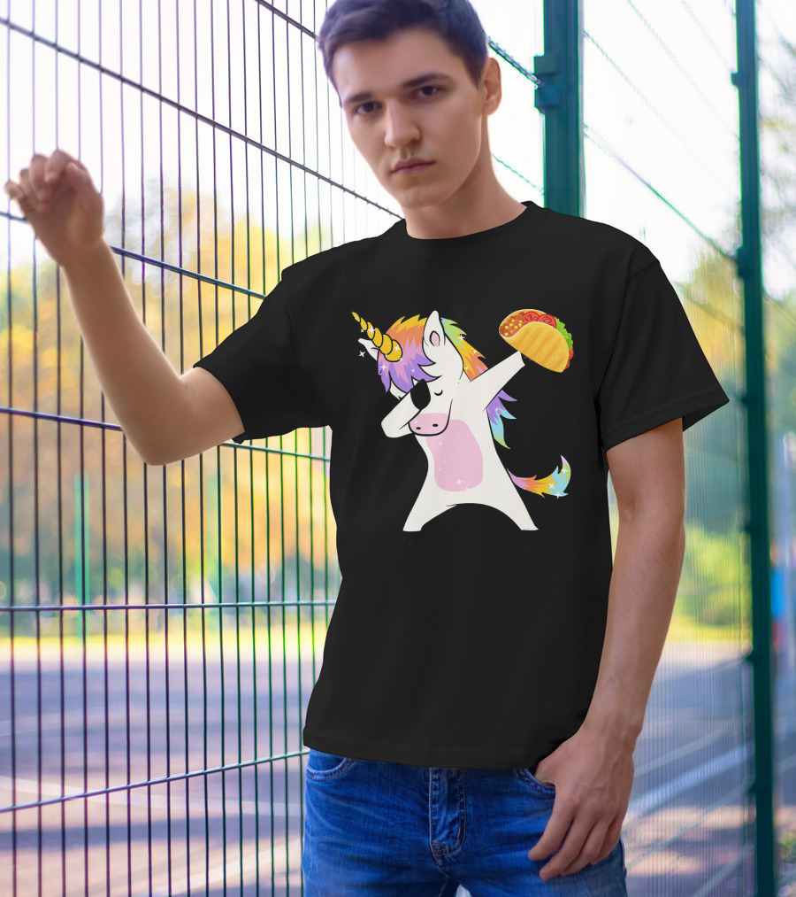 Unicorn Dabbing With Taco And Rainbow Mane T-Shirt
