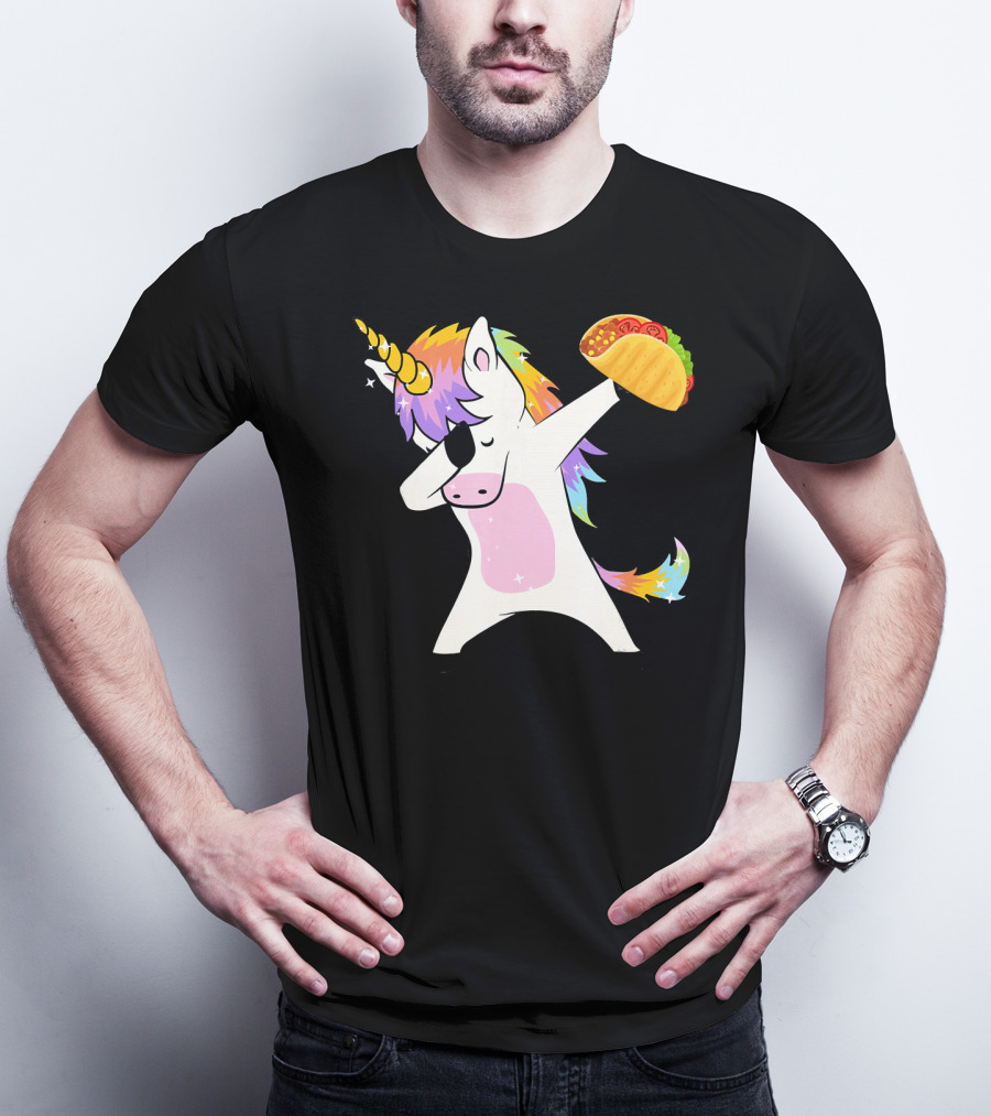 Unicorn Dabbing With Taco And Rainbow Mane T-Shirt