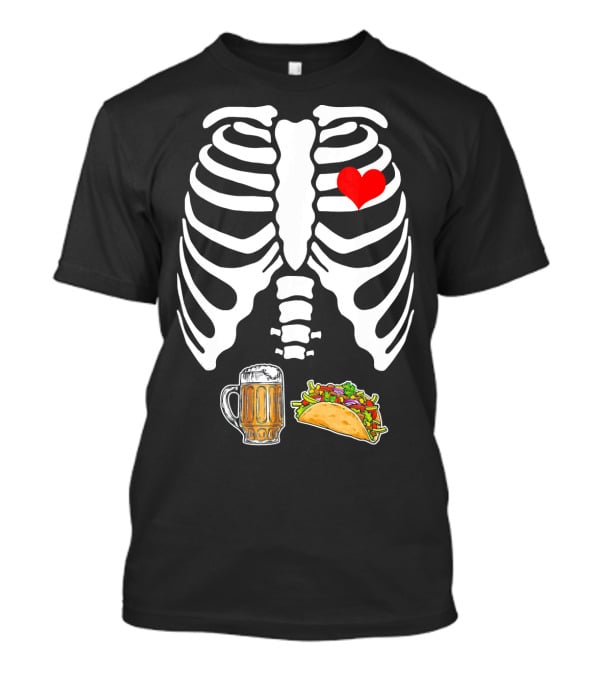 Pregnant Skeleton With Heart, Tacos, And Beer T-Shirt