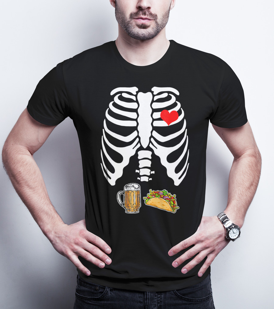 Pregnant Skeleton With Heart, Tacos, And Beer T-Shirt