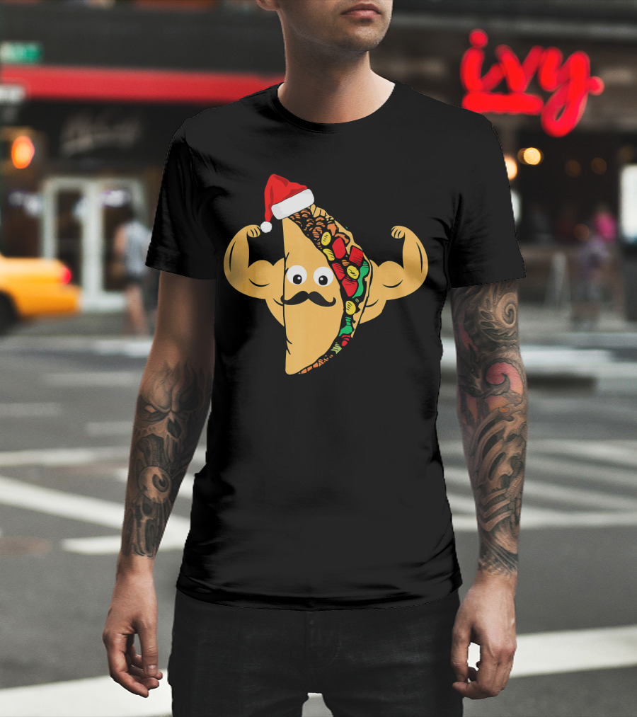 Funny Taco With Santa Hat And Mustache Flexing Muscles Family T-Shirt