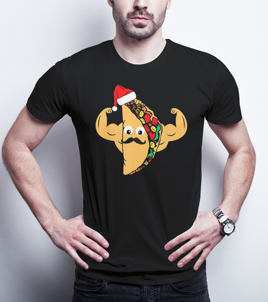 Funny Taco With Santa Hat And Mustache Flexing Muscles Family T-Shirt
