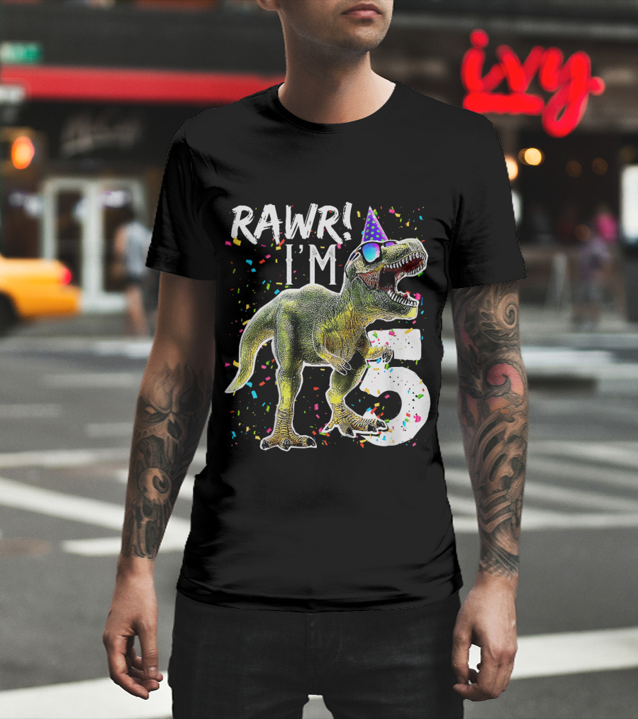 Rawr I'm 5 Dinosaur Birthday Party Hat Confetti T-Shirt