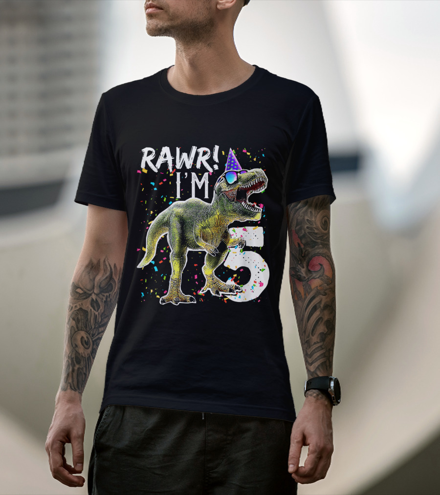 Rawr I'm 5 Dinosaur Birthday Party Hat Confetti T-Shirt