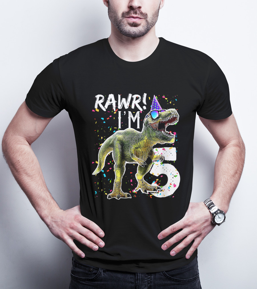 Rawr I'm 5 Dinosaur Birthday Party Hat Confetti T-Shirt