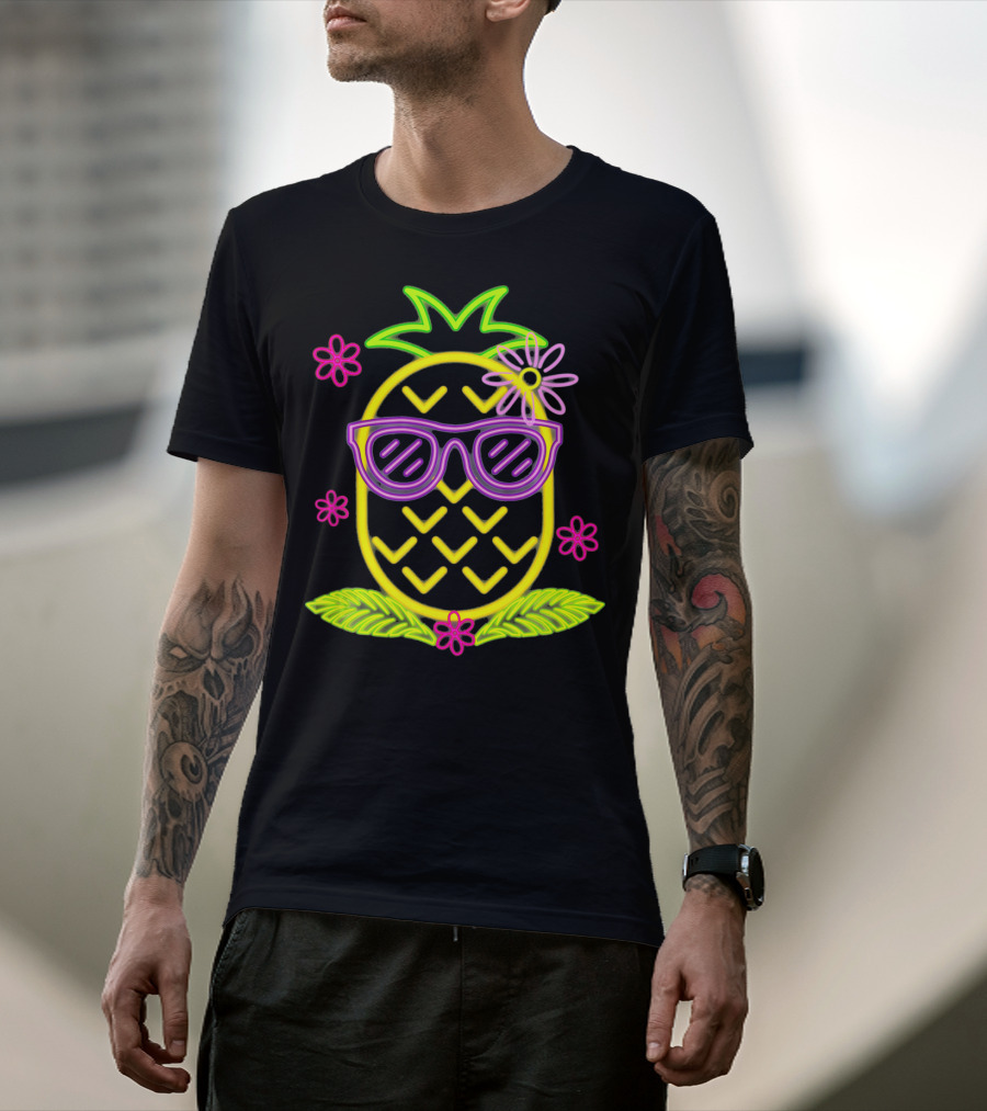 Neon Pineapple With Sunglasses And Flowers Luau Party Vibes T-Shirt