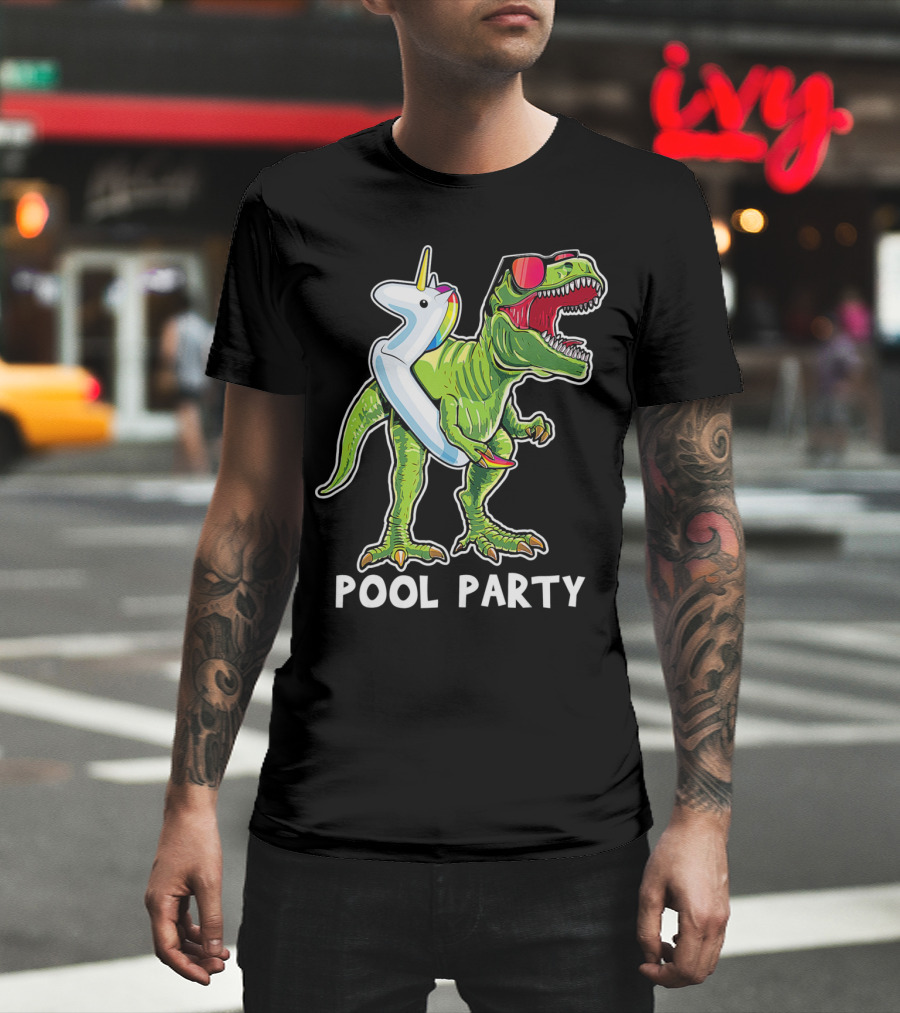 Pool Party Rex Dinosaur With Unicorn Float And Sunglasses T-Shirt