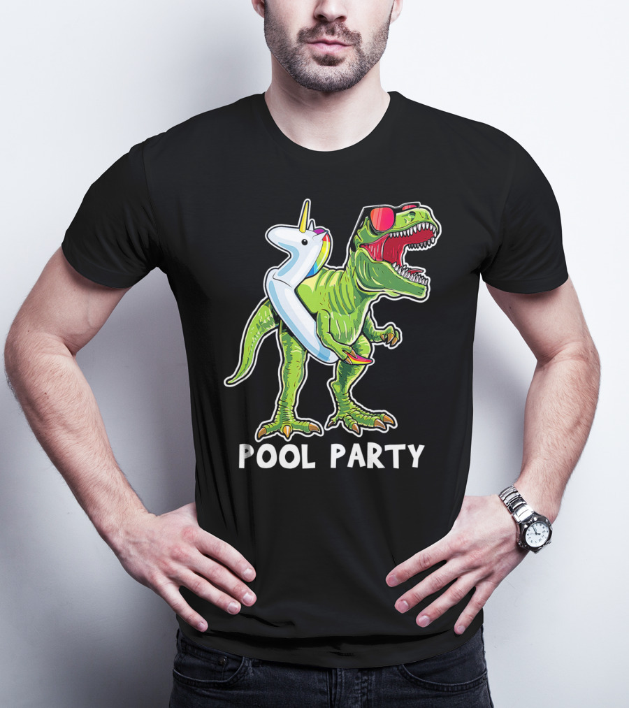 Pool Party Rex Dinosaur With Unicorn Float And Sunglasses T-Shirt