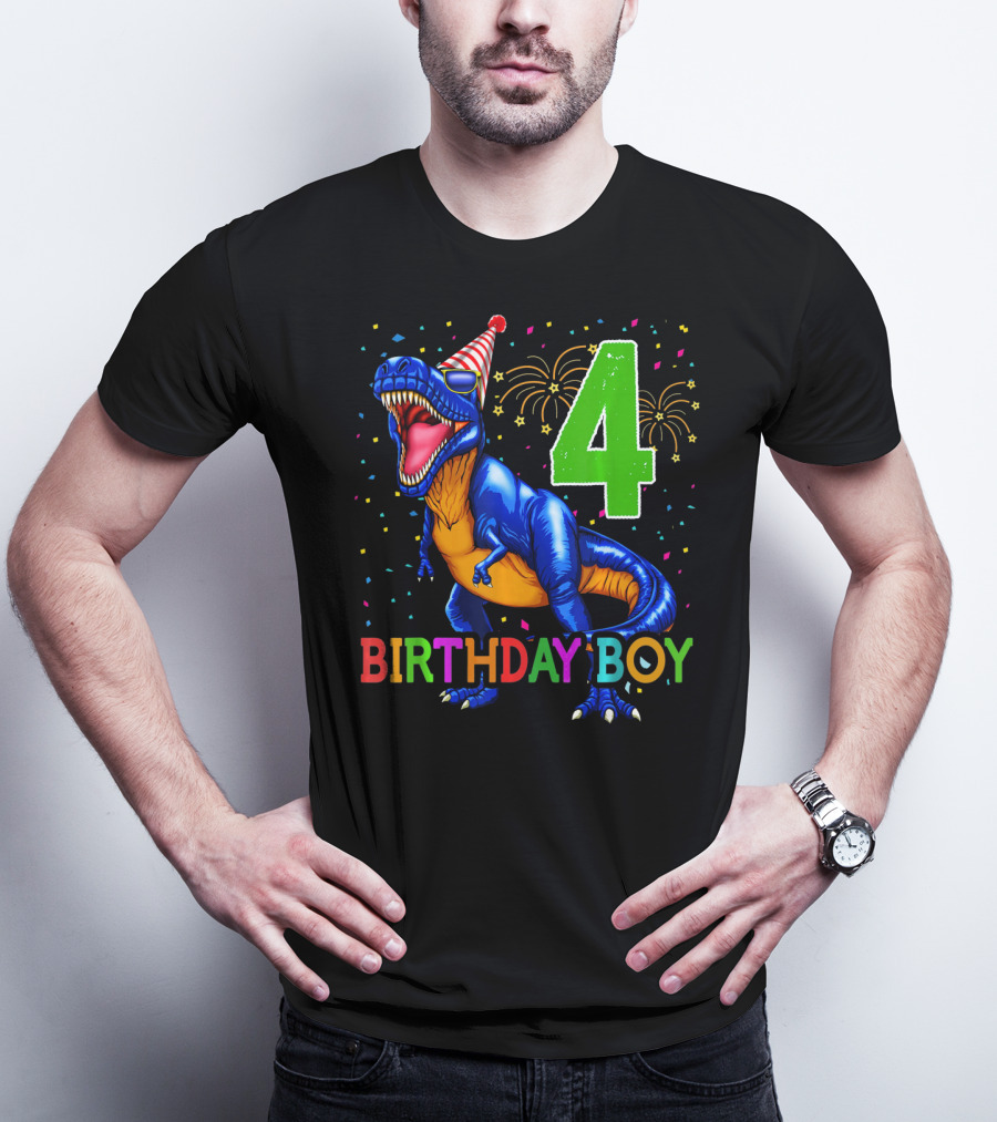 Birthday Boy 4 Dinosaur Party Hat Fireworks T-Shirt
