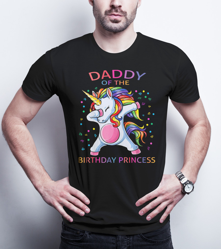 Daddy Of The Birthday Princess Unicorn Dabbing With Colorful Confetti T-Shirt