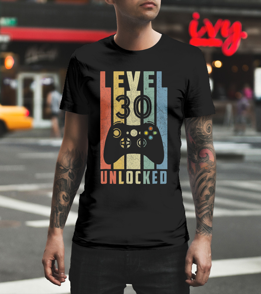 Level 30 Unlocked Video Game Controller Retro Stripes T-Shirt