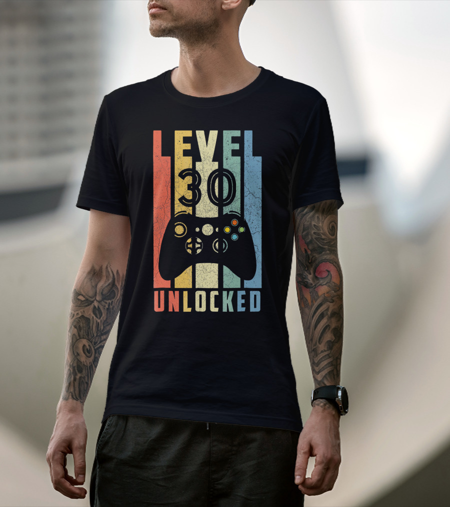 Level 30 Unlocked Video Game Controller Retro Stripes T-Shirt
