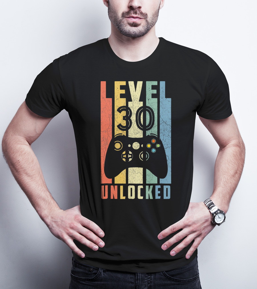 Level 30 Unlocked Video Game Controller Retro Stripes T-Shirt