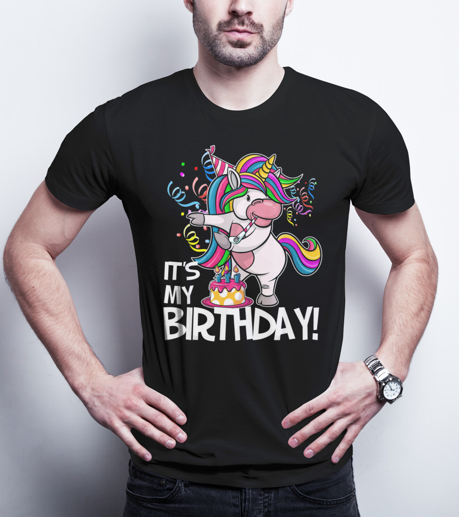IT'S MY BIRTHDAY Flossing Unicorn Party With Cake And Confetti T-Shirt