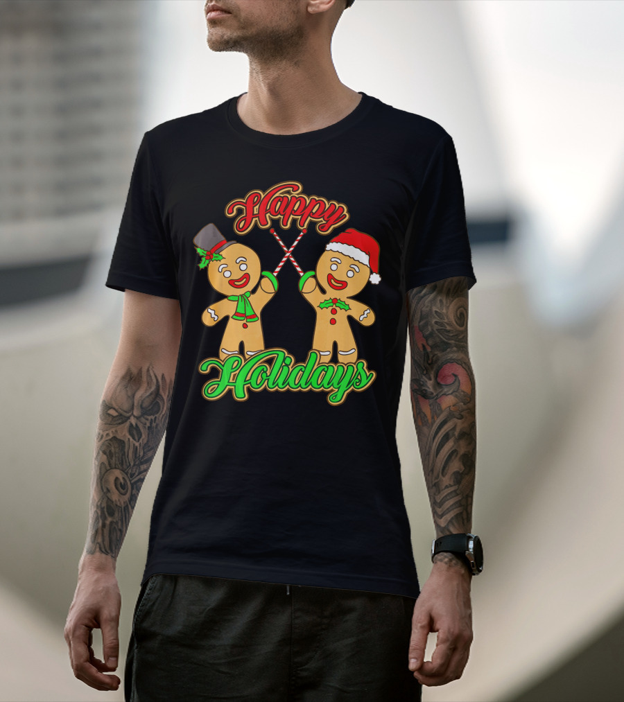 Happy Holidays Gingerbread Men Fencing With Candy Canes T-Shirt