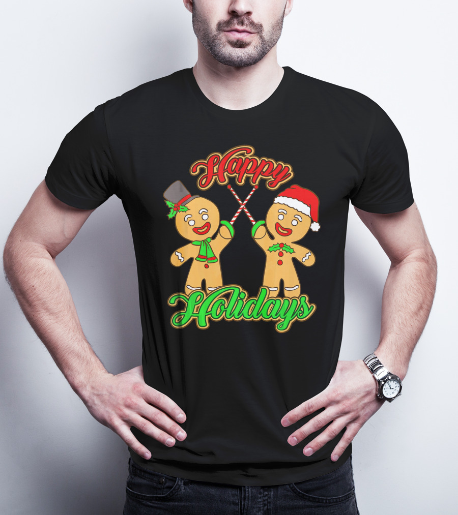 Happy Holidays Gingerbread Men Fencing With Candy Canes T-Shirt