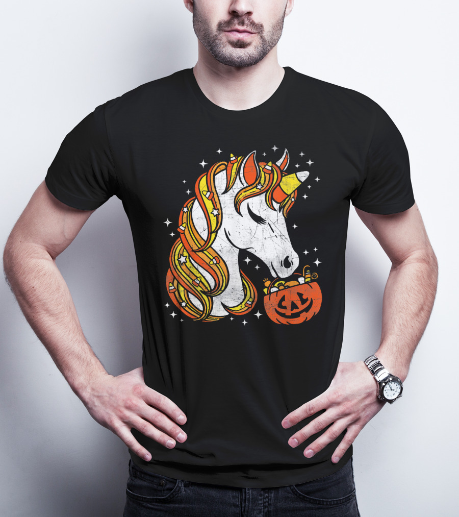 Candy Corn Unicorn With Jack-O'-Lantern Stars Halloween Top T-Shirt