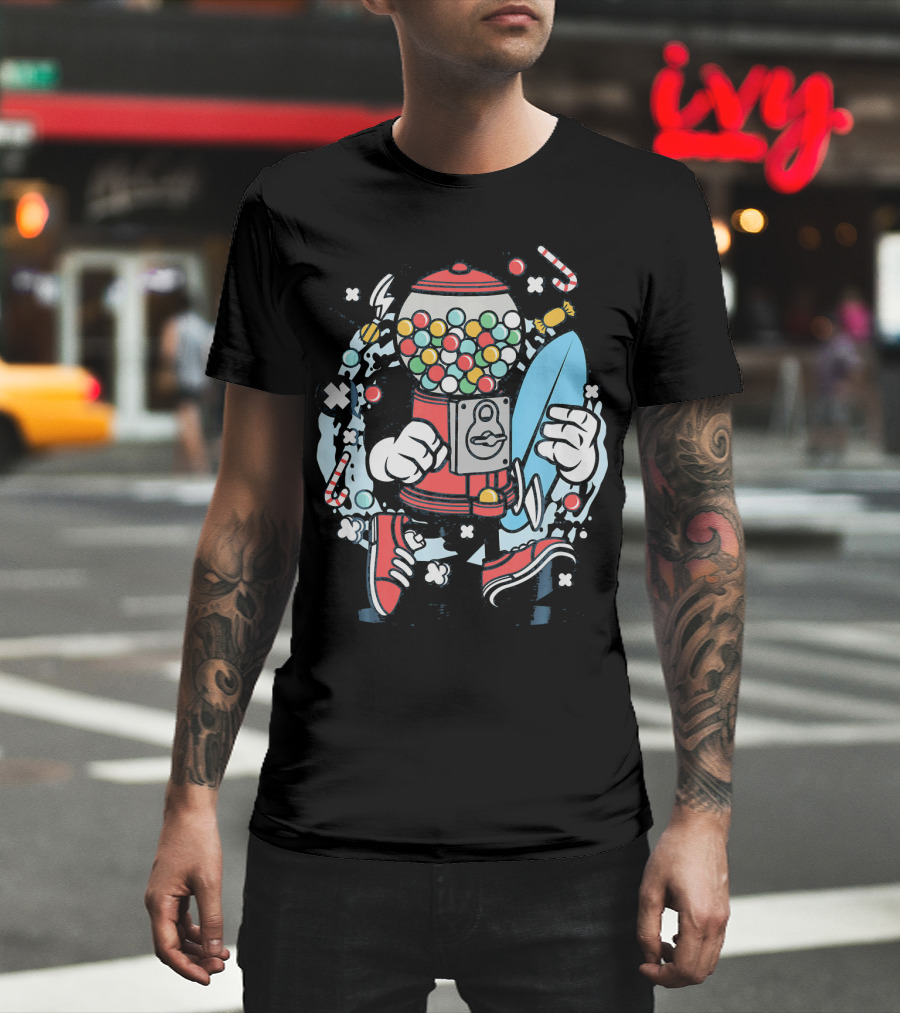Cartoon Candy Machine With Surfboard And Sneakers Adventure T-Shirt