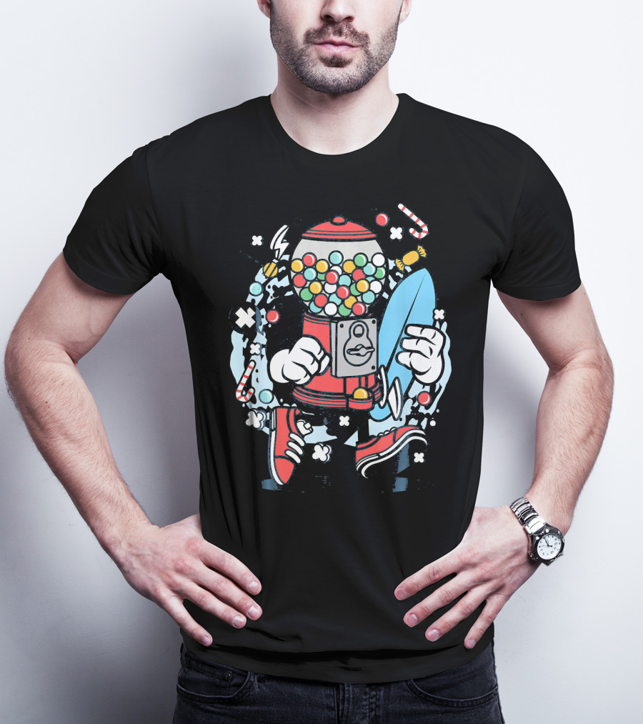Cartoon Candy Machine With Surfboard And Sneakers Adventure T-Shirt
