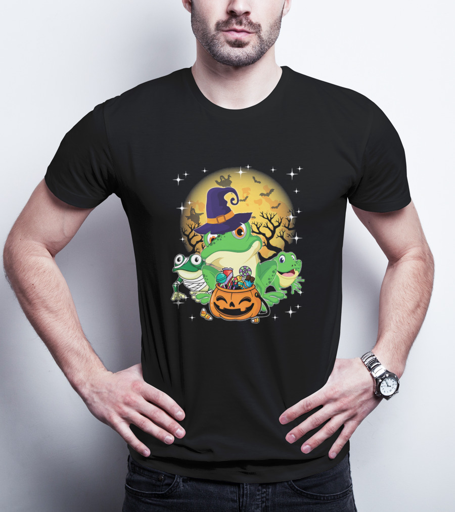Three Frogs Mummy Witch Moon Ghosts Halloween Pumpkin T-Shirt