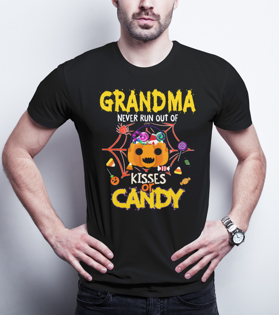 Grandma Never Run Out Of Kisses Or Candy Halloween Pumpkin Spiderweb Treats T-Shirt