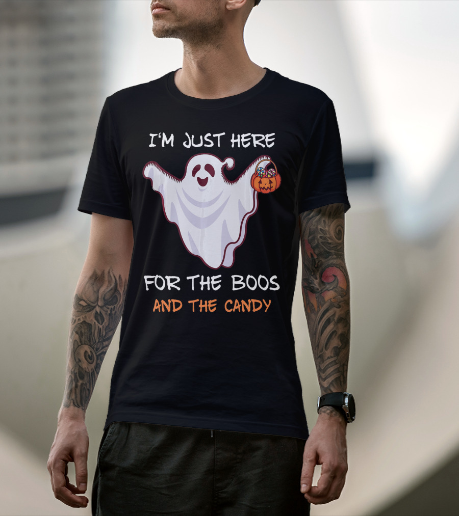 I'm Just Here For The Boos Ghost Holding Pumpkin Candy T-Shirt