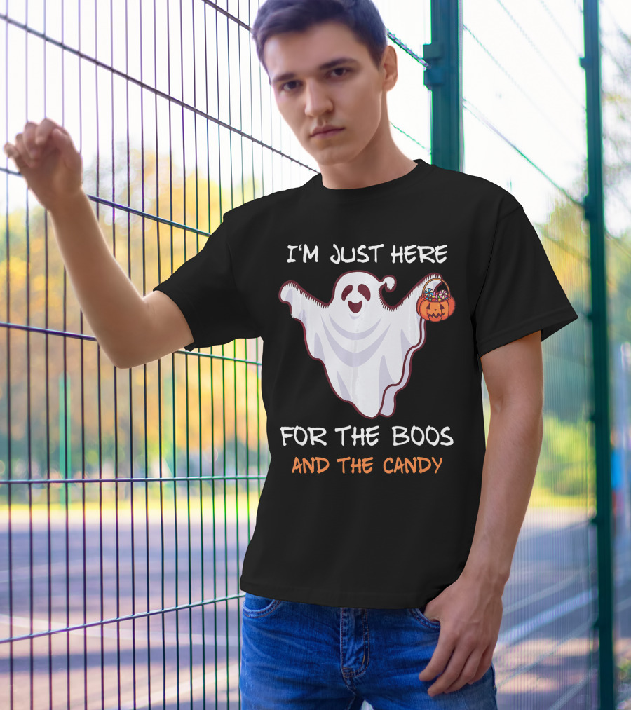 I'm Just Here For The Boos Ghost Holding Pumpkin Candy T-Shirt