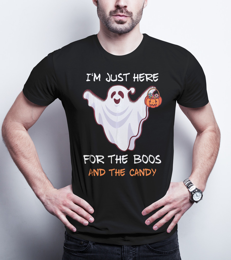 I'm Just Here For The Boos Ghost Holding Pumpkin Candy T-Shirt