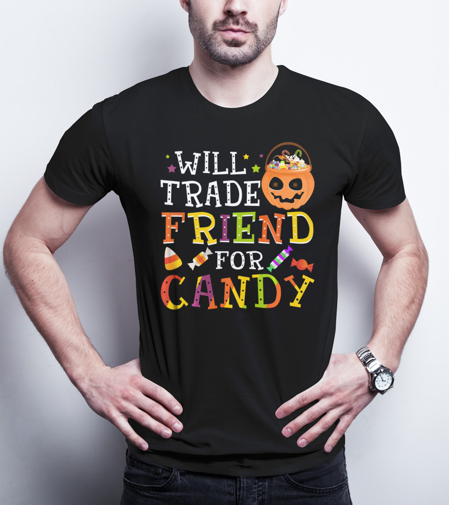 Will Trade Friend For Candy Halloween Co Trick-or-Treat Jack-o'-Lantern And Candy Icon Pumpkin T-Shirt
