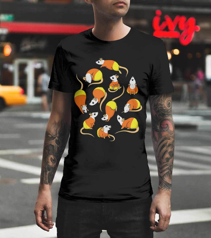 Candy Corn Rats Pattern Halloween-Themed T-Shirt