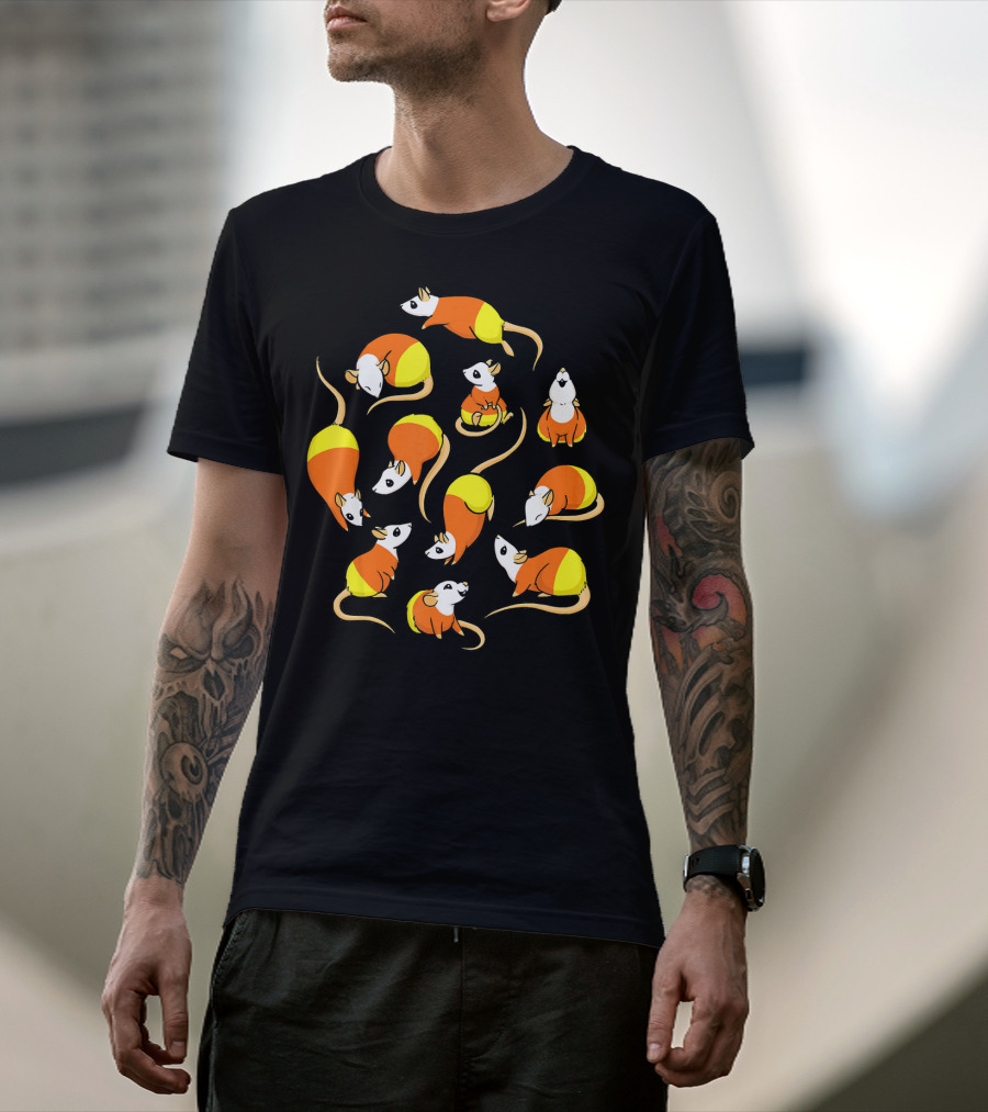 Candy Corn Rats Pattern Halloween-Themed T-Shirt