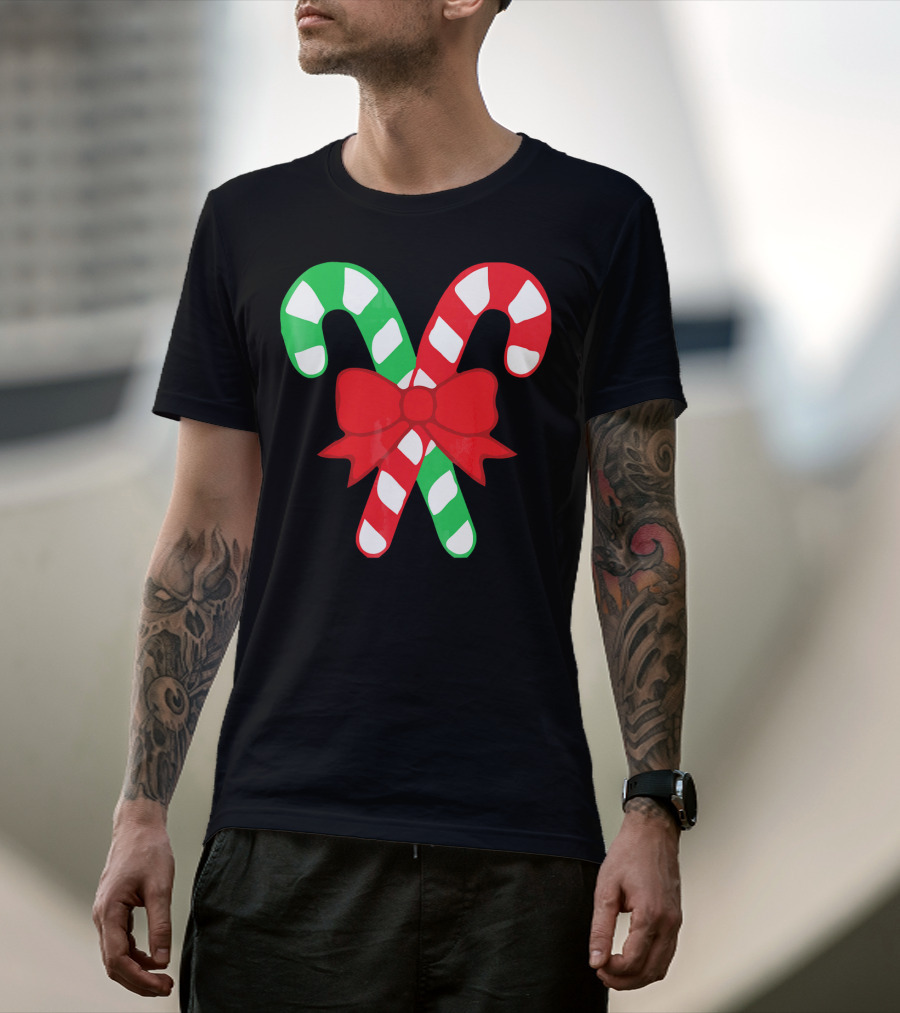 Candy Canes Christmas Holiday Red Bow Iconic Symbols T-Shirt