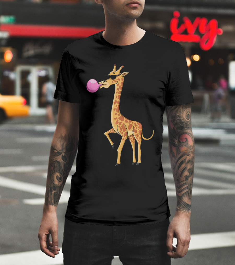 Funny Bubble Gum Blowing Giraffe Animal T-Shirt