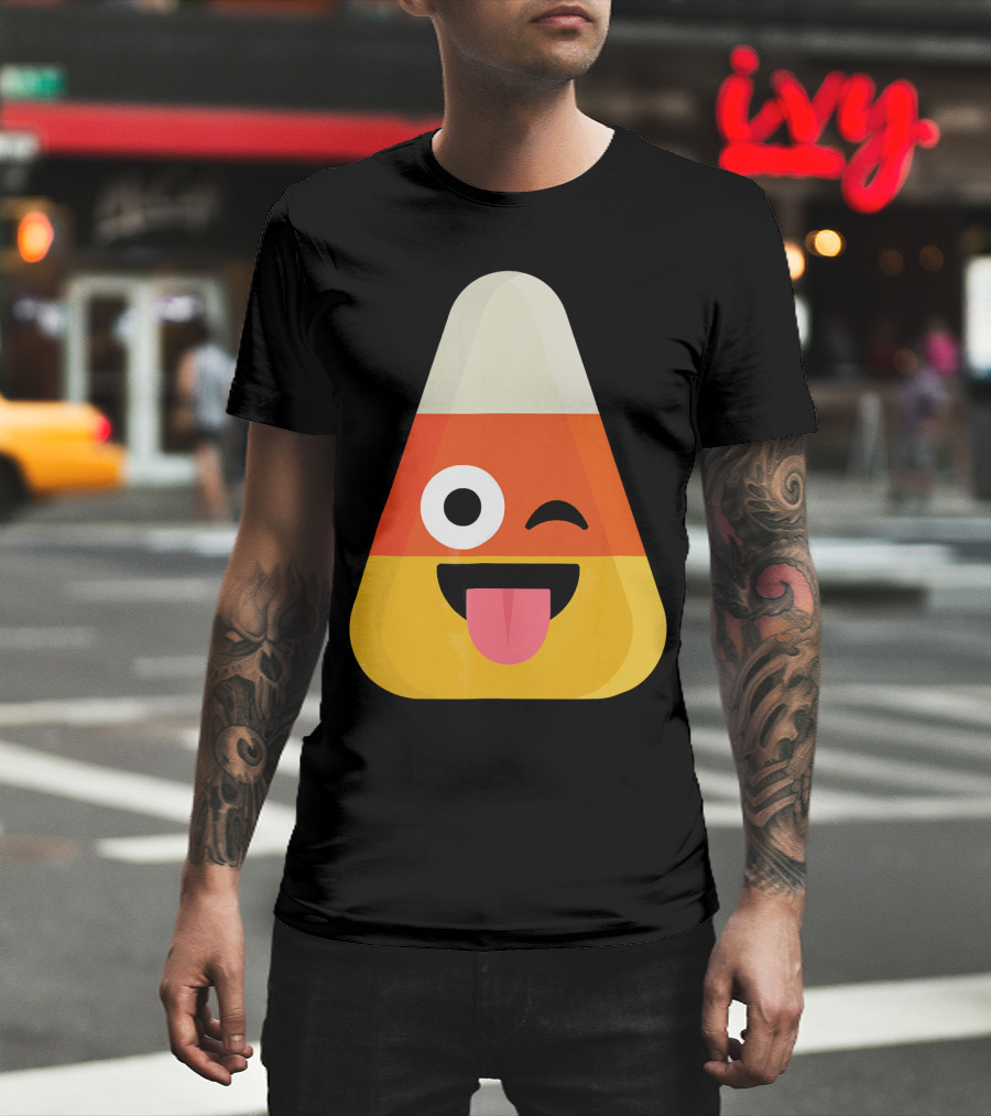 Candy Corn Emoji Wink Tongue Out Face T-Shirt