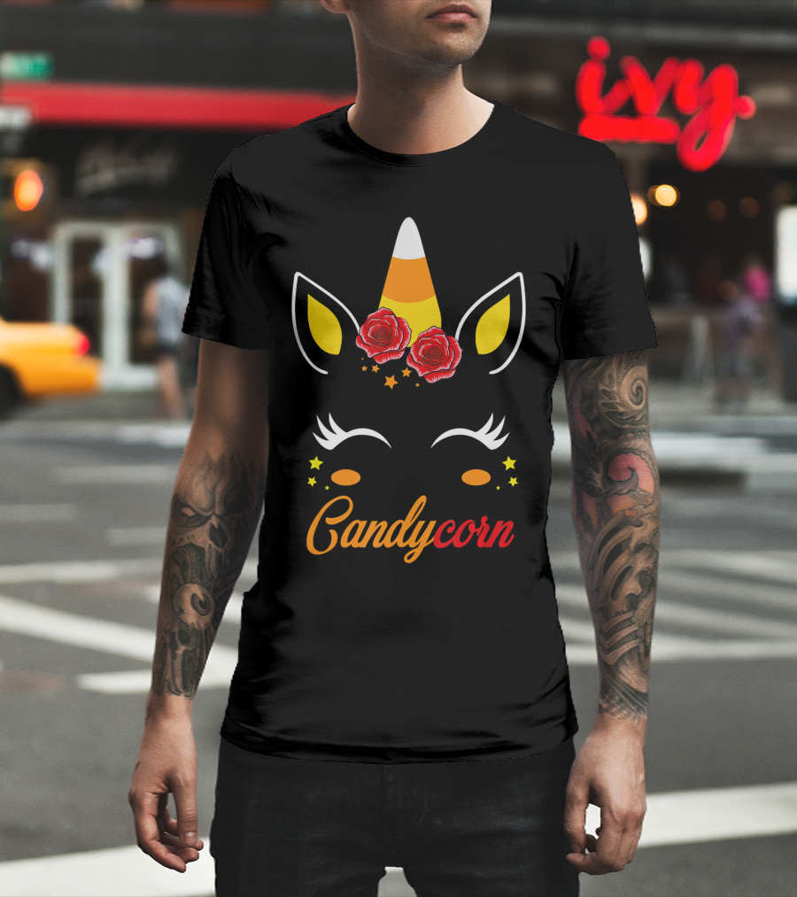 Candycorn Unicorn With Roses And Stars T-Shirt