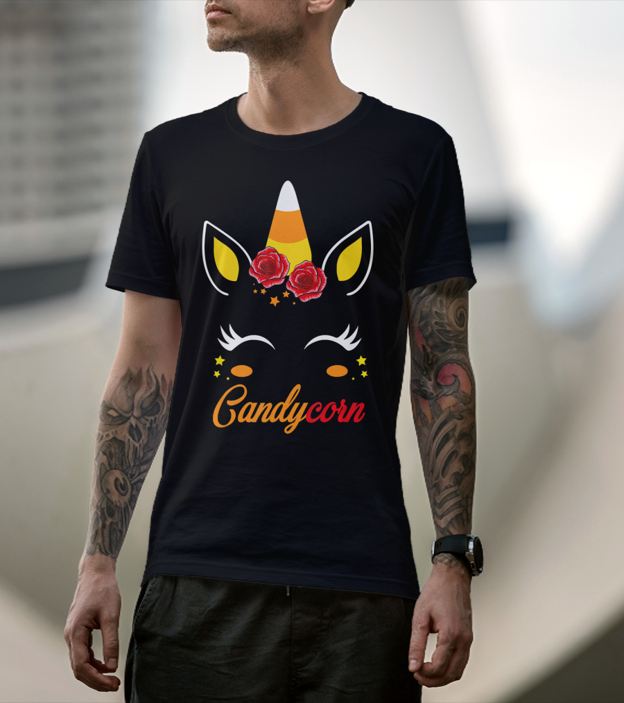Candycorn Unicorn With Roses And Stars T-Shirt