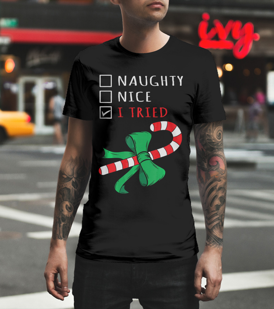 Naughty Nice I Tried Candy Cane Bow T-Shirt