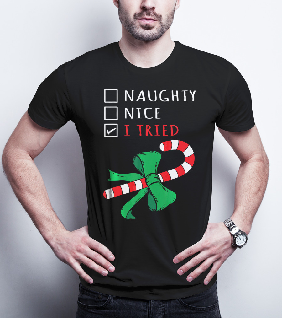 Naughty Nice I Tried Candy Cane Bow T-Shirt